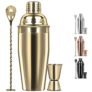 Large 24oz Cocktail Shaker Set, Stainless Steel 18/8 Martini Mixer Shaker with Built-in Strainer, Measuring Jigger & Mixing Spoon, Martini Shaker Set, Perfect for Bartender and Home Use, Gold