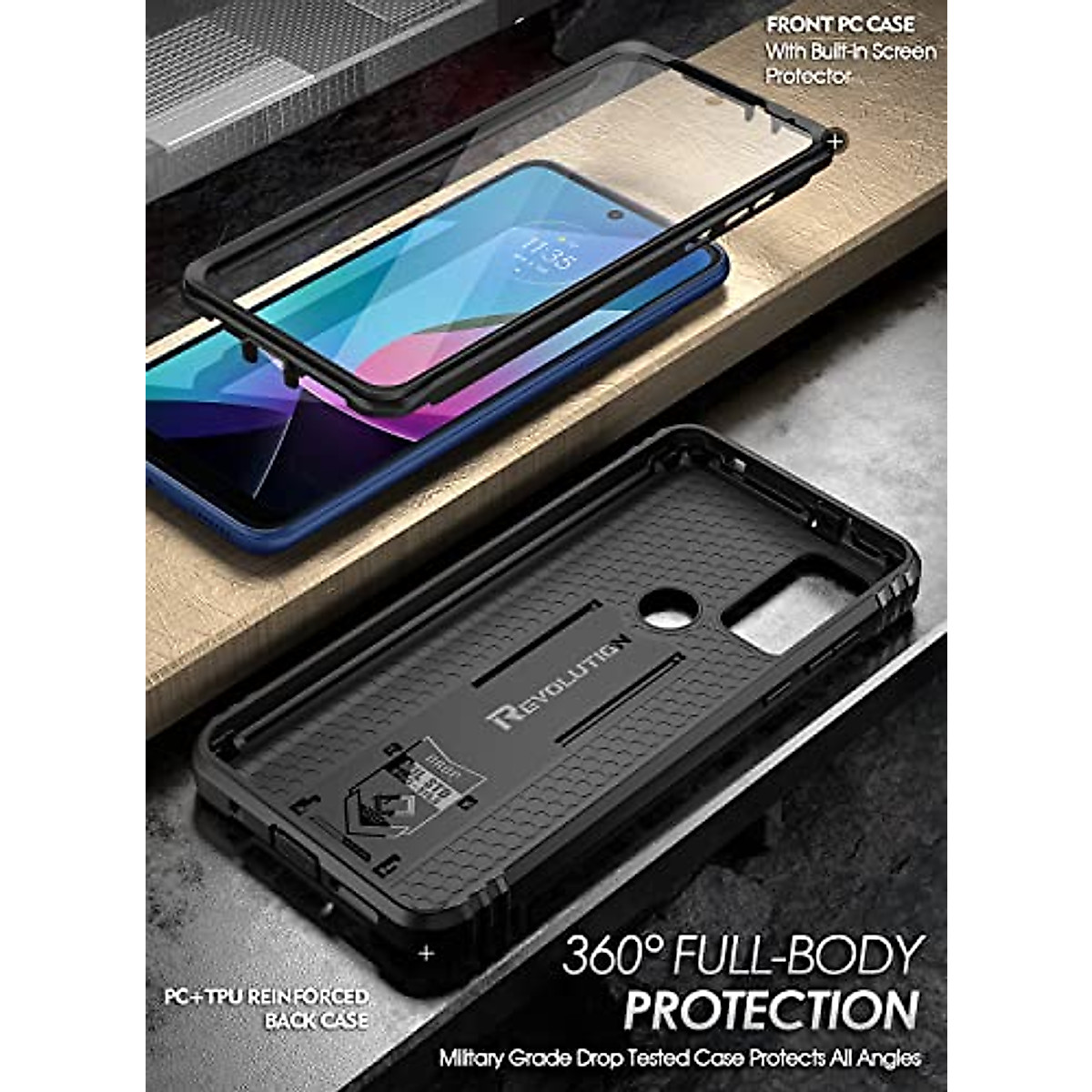 Poetic Revolution Series Case for Motorola Moto G Play (2023), Full-Body Rugged Dual-Layer Shockproof Protective Cover with Kickstand and Built-in-Screen Protector, Black