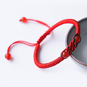 MENGLINA Men Women Hand-woven Chinese Knot Black and Red Rope Couple Bracelets Natural Agate Stone Beads Braided Lucky Feng Shui Bracelet Love Jewelry (Set)