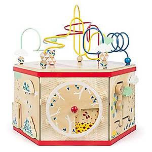 Wooden Activity Cube XL Size by Small Foot – Classic 7-Sided Interactive Toy with Bead Maze, Puzzle, Shape Sorter, Clock & Wheels - Develops Kids Dexterity, Motor Skills – Age 12+ months