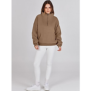 ANRABESS Womens Half Zip Sweatshirts Oversized Crop Pullover 2024 Winter Y2K Fleece Hoodie Sweater Teen Girls Fall Clothes Brown Large