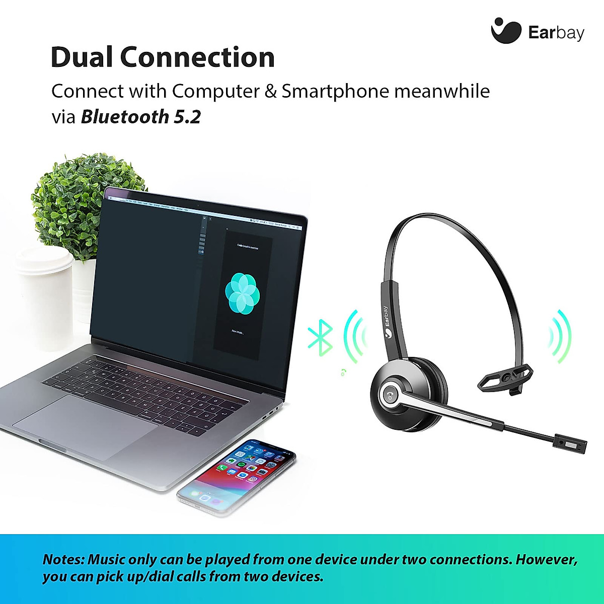 Earbay Trucker Bluetooth Headset, Wireless Headset with Microphone Noise Canceling & USB Dongle, Bluetooth Headphones with Mic Mute & Charging Base for PC Computer/Phones/Office/Zoom/Skype/Meeting