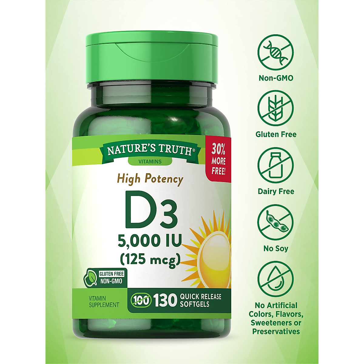 Nature's Truth Vitamin D3 5000 IU Softgels 130 Count | High Potency Vitamin D | Non-GMO, Gluten Free