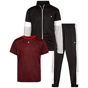 RBX Boys' Jogger Set - 3 Piece Tricot Sweatshirt, Sweatpants, and T-Shirt Tracksuit (8-12), Size 8, Black Red Space Dye