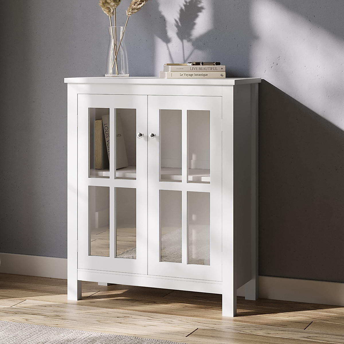 Lavish Home, White Buffet Cabinet with Glass Doors