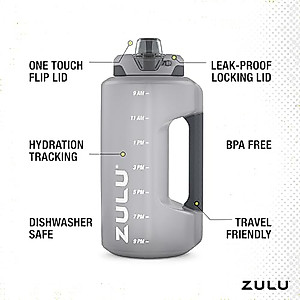 ZULU Goals 64oz Large Half Gallon Jug Water Bottle with Motivational Time Marker, Covered Straw Spout and Carrying Handle, Perfect for Gym, Home, and Sports, Grey