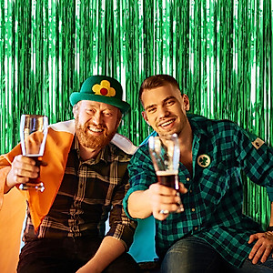 2 Pack Green Streamers Backdrop Jungle Party Decorations Foil Fringe Backdrop Curtains Photo Booth Backdrop for Birthday Dinosaur Animal St Patrick's Day Football Christmas Party Decorations