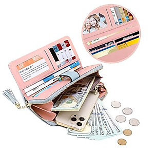 RFID Wallets for Women with Multiple Card Slots and Cellphone Compartment, Womens Wallet(Printed blue peony)