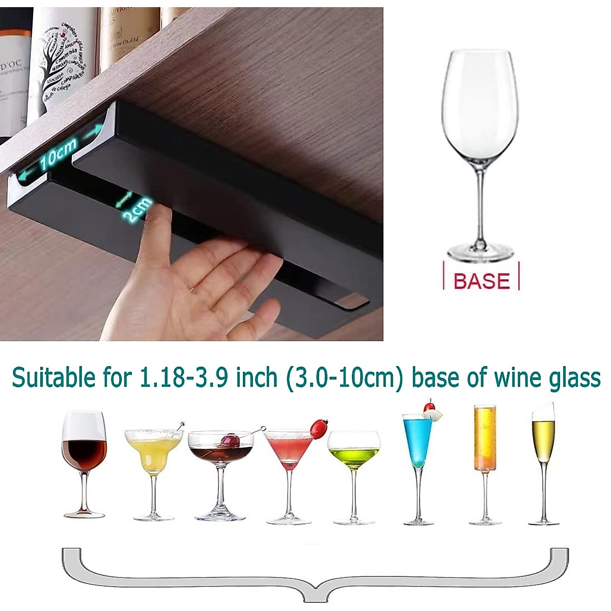 Manwo 2 Pack Wine Glass Holder Under Shelf or Cabinet Punch-free Wine Glass Rack Plastic Stemware Rack Glassware Drying Storage Hanger for Kitchen,Bar and Restaurant(Black)