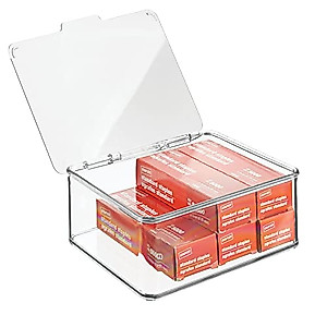 mDesign Small Plastic Home Office Storage Organizer Box Containers with Hinged Lid for Desktops - Holds Pens, Pencils, Sticky Notes, Highlighters, Staples, and Supplies - Clear