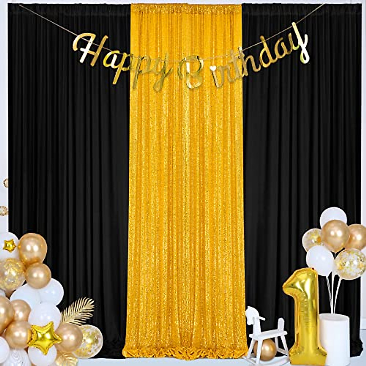 10x10 ft Black Backdrop Curtains and 10x4 ft Gold Sequin Backdrop Curtains, Black and Gold Backdrop Curtains for Parties, Wrinkle Free Backdrop Drapes for Wedding Birthday, 4 Panels