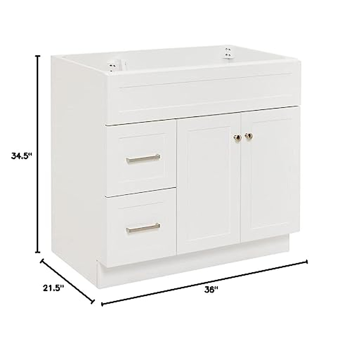 ARIEL 36" White Bathroom Vanity Base Cabinet, Right Offset Sink Configuration, 2 Soft-Closing Doors, 2 Full Extension Dovetail Drawers, 1 Enclosed Large Storage Shelf, Brushed Nickel