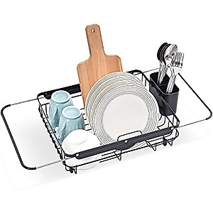 TOOLF Expandable Large Dish Rack, Dish Drying Rack Over The Sink, Adjustable Dish Rack in Sink or On Counter Dish Drainer with Utensil Holder Rustproof for Kitchen