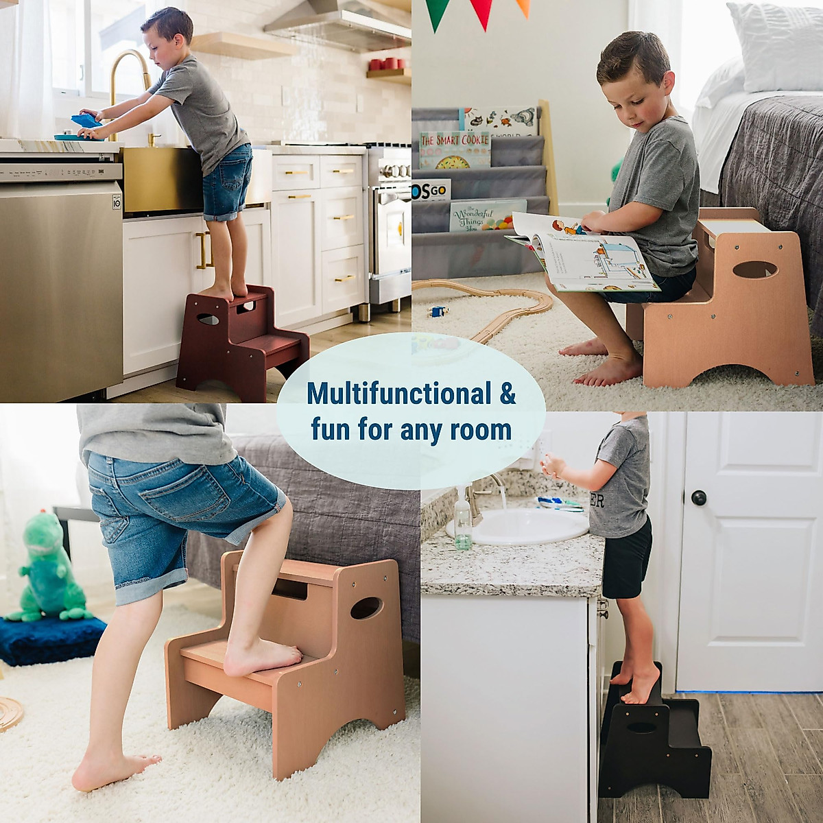 Wildkin Wooden Two-Step Stool for Kids and Adults, Perfect Kitchen Step Stool or Bathroom Potty Stool, Kids Stepping Stool Features Two Convenient Carrying Handles, Ideal for Home Use (Gray)