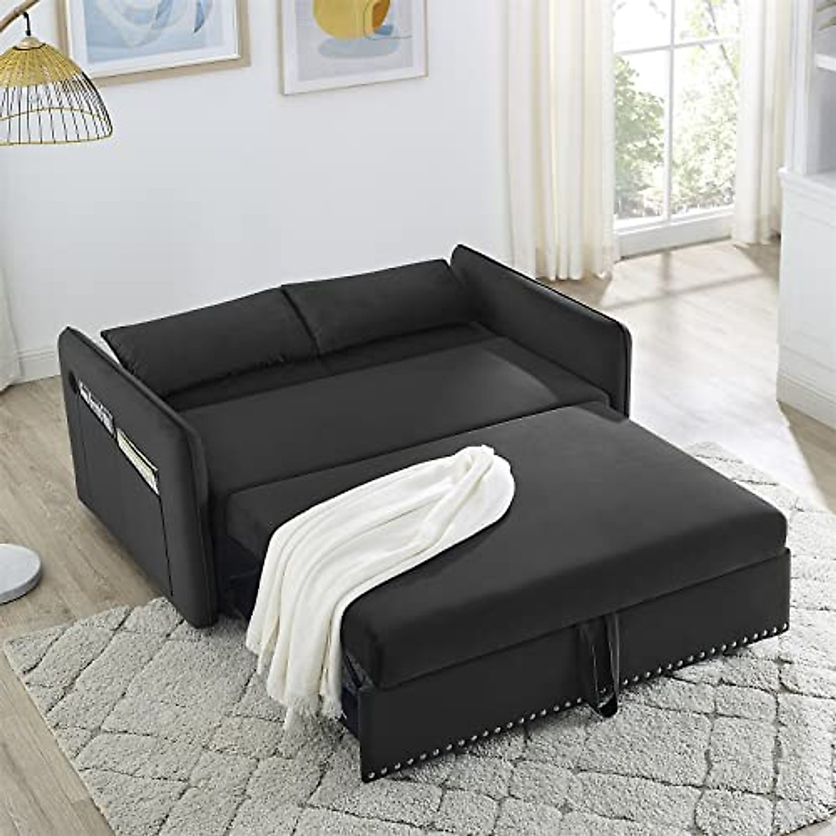 Ucloveria Pull Out Sleeper Sofa with USB Charging, 3-in-1 Adjustable Sleeper Couch, 2 Lumbar Pillows and Side Pocket, Soft Velvet Convertible Sleeper Sofa Bed for Living Room Bedroom, Black