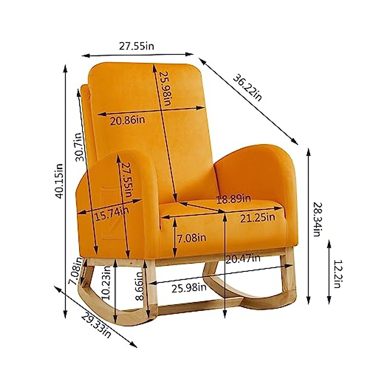 BeiXuan Modern Wood Indoor/Outdoor Rocking Chairs, Single Sofa Accent Nursery Rocking Chair with High Back Side Bag,Upholstered Glider Rocker for Living Room/Bedroom/GardenPatio,Orange Flannel Cloth