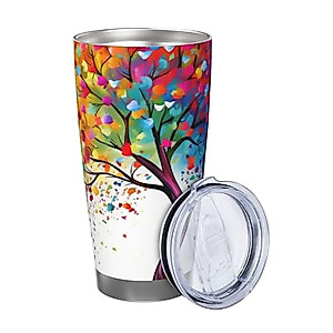 Colorful tree Tumbler with Lid and Straw 20oz Stainless Steel Car Cup for Hot and Cold Drinks, Double Wall Insulated Travel Coffee Mug Reusable Drink Thermos Cup Birthday Gifts