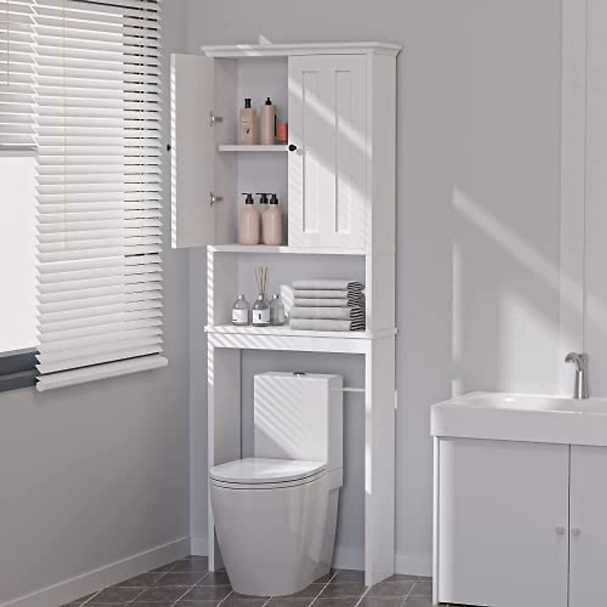 Angel Sar Over The Toilet Storage Cabinet, Space-Saving Bathroom Shelf, Bathroom Organizer with Open Shelf and Doors, White1