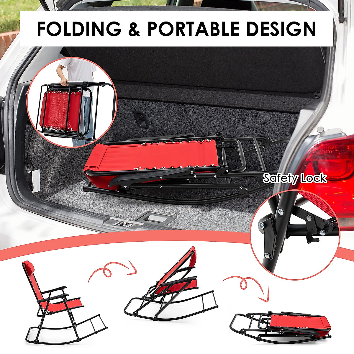 Goplus Folding Rocking Chair, Zero Gravity Rocking Camping Chair with Pillow & Armrests, Folding Lounge Rocker for Outdoor Beach Poolside Yard Garden Indoor (Set of 2, Red)