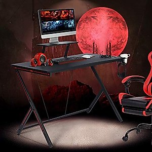 FurnitureR 47'' Gaming Desk with Monitor Stand Computer Gaming Table Home Office Desk with Cup Holder and Headphone Hook, Modern Simple Gamer Game Table, Black