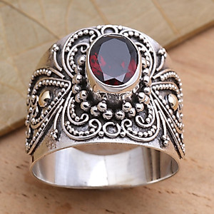 NOVICA Artisan handmade gold accent garnet cocktail ring balinese silver oval with accents sterling single stone indonesia gemstone birthstone traditional [Ring front 0.8 in L x 0.8 in W x 0.2 in H B]