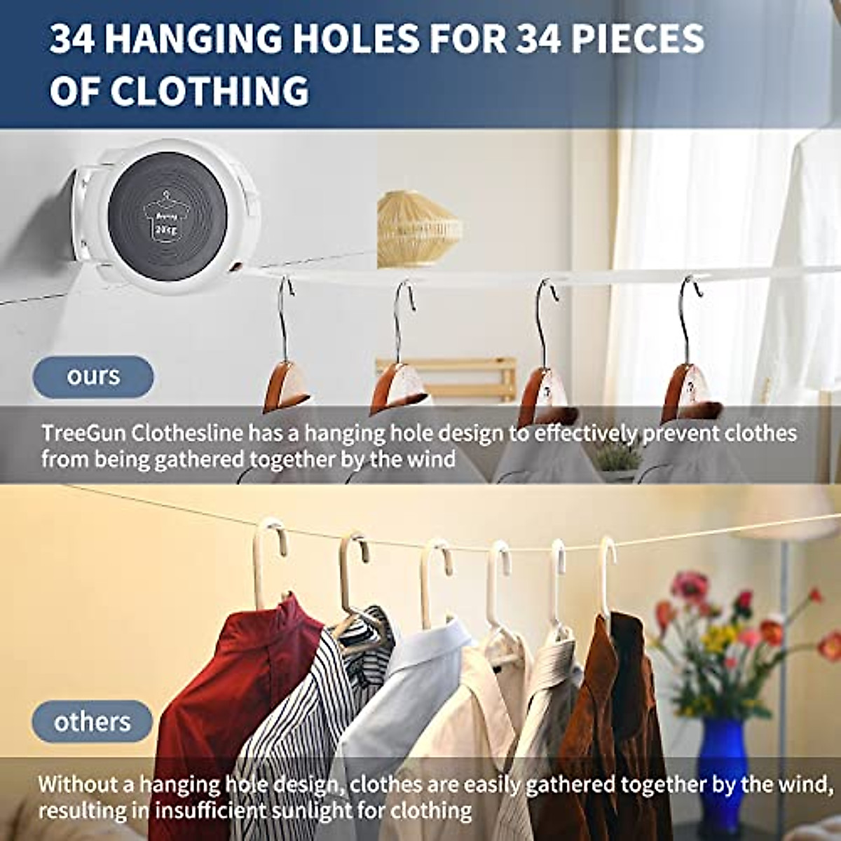 Retractable Clothesline, Wall Mounted Clothing Line, Lock to Prevent Sagging Heavy Duty Clothes Drying Laundry Line, Retracting Hanging Clothes Line Indoor Outdoor White