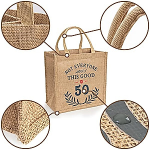 CQNET 50th Birthday Keepsake Gift Bag for Women, Novelty Jute Cotton Tote Giftable Present Bag for Mom, Wife or Friend, Beige, Medium