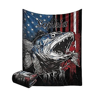 Fishing American Flag Vintage Personalized Blanket with Name Super Soft Fleece Throw Blankets for Bed Couch Birthday Wedding Gift 60 x 80 inch