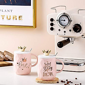 Mug for Mom with Crown Cute Coffee Ceramic Cup Unique Gift for Women Queen Wife Grandma Girlfriend Daughter Mother's Day - 15oz with Lid & Spoon (Super Mom)
