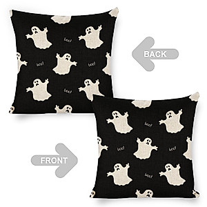 Happy Halloween Cartoon Ghosts Throw Pillow Covers 18×18 Pillowcases Set of 2 Cute Black Linen Decorative Square Pillow Case Cushion Covers Standard Size for Sofa Couch Outdoor Bed Pillow Protectors
