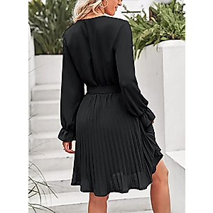 PRETTYGARDEN Women's Casual Fall Dresses Long Puff Sleeve V Neck Pleated Ruffle Flowy Belted Dress (Black,X-Large)