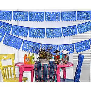 5 pk Fiesta Party Supplies, Royal Blue Mexican Banner Flags, 50 Panels of Papel Picado, 60ft Tissue Paper Garland Perfect for birthdays, weddings, quinceaneras, taco bar ws2030