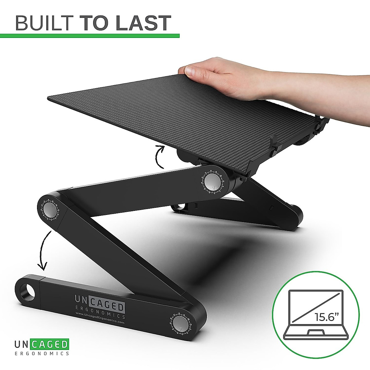WorkEZ PROFESSIONAL Ergonomic Aluminum Laptop Cooling Stand Lap Desk Tray for Bed Couch. Foldable adjustable height angle tilt notebook computer riser folding desktop holder portable, Black