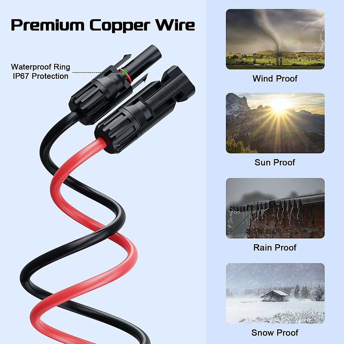 Bateria Power 20FT 10AWG(6mm²) Solar Panel Extension Cable, with Female and Male Connectors and Extra Free Spanners, Solar Panel Adaptor Kit Tool(20FT Red + 20FT Black)