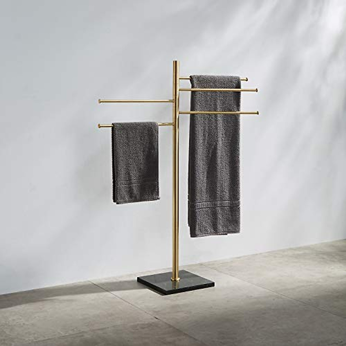 KALYSTE Freestanding Towel Drying Rack – Bathroom Brass Towel Holder Stand, 5 Swivel Arm Rectangle Marble Base 38.8×9.85 Inch, Modern Brushed Gold Bath Towel Stand. (Black Base)
