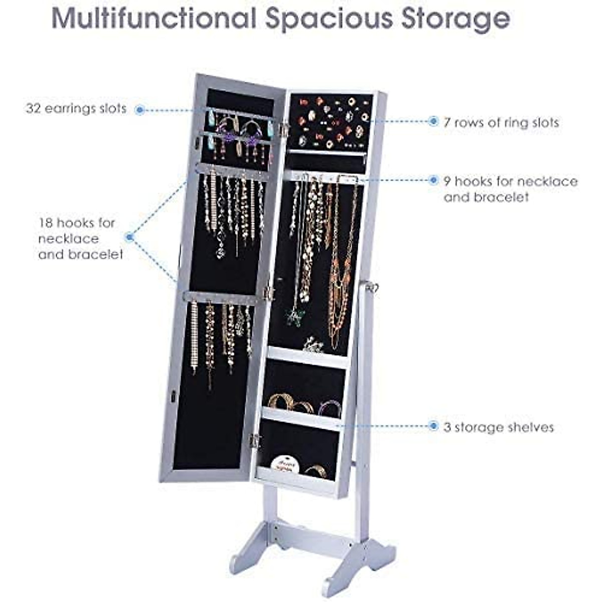 DECOMIL – Jewelry Armoire with Mirror | Jewelry Cabinet Standing, LED Lights and Full lengt Mirror | White