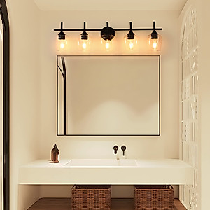 foucasal Black Bathroom Light Fixtures 5-Light Bathroom Vanity Light with Clear Glass Shade, Industrial Matte Bathroom Wall Lights for Bathroom Bedroom Hallway Living Room (E26 Base)