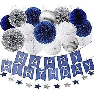 Kubert Outer Space Birthday Party Decorations 1st Birthday Boy Prince Party Decorations with Navy Silver Tissue Pom Poms Decorations Happy Birthday Banner Navy Blue Glitter Silver Paper Star Garlands
