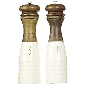 Mud Pie Farmhouse Wood and Enamel Mills Salt and Pepper Set, 10 1/2" x 3" dia, White, Brown