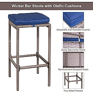 Sundale Outdoor 5 Piece Patio Bar Set, Counter Height Outside Rattan Dining Set, Garden High Top Gray Wicker Bar Height Set of 5, Galss Tabletop and Stools Furniture Set with Cushions, Steel