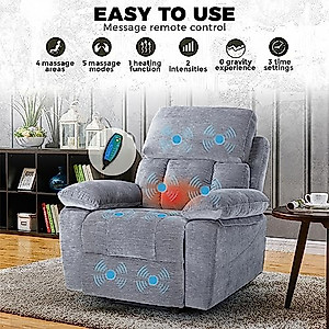 FICMAX Recliner Chair with Vibration Massage, Heat and Side Pocket, Ergonomic Lounge Chair for Living Room, Single Sofa Chair Home Theater Seating Reclining Chair Recliner Sofa (Grey)