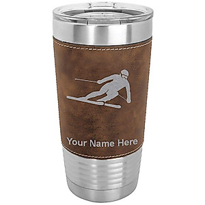 LaserGram 20oz Vacuum Insulated Tumbler Mug, Skier Downhill, Personalized Engraving Included (Faux Leather, Rustic)