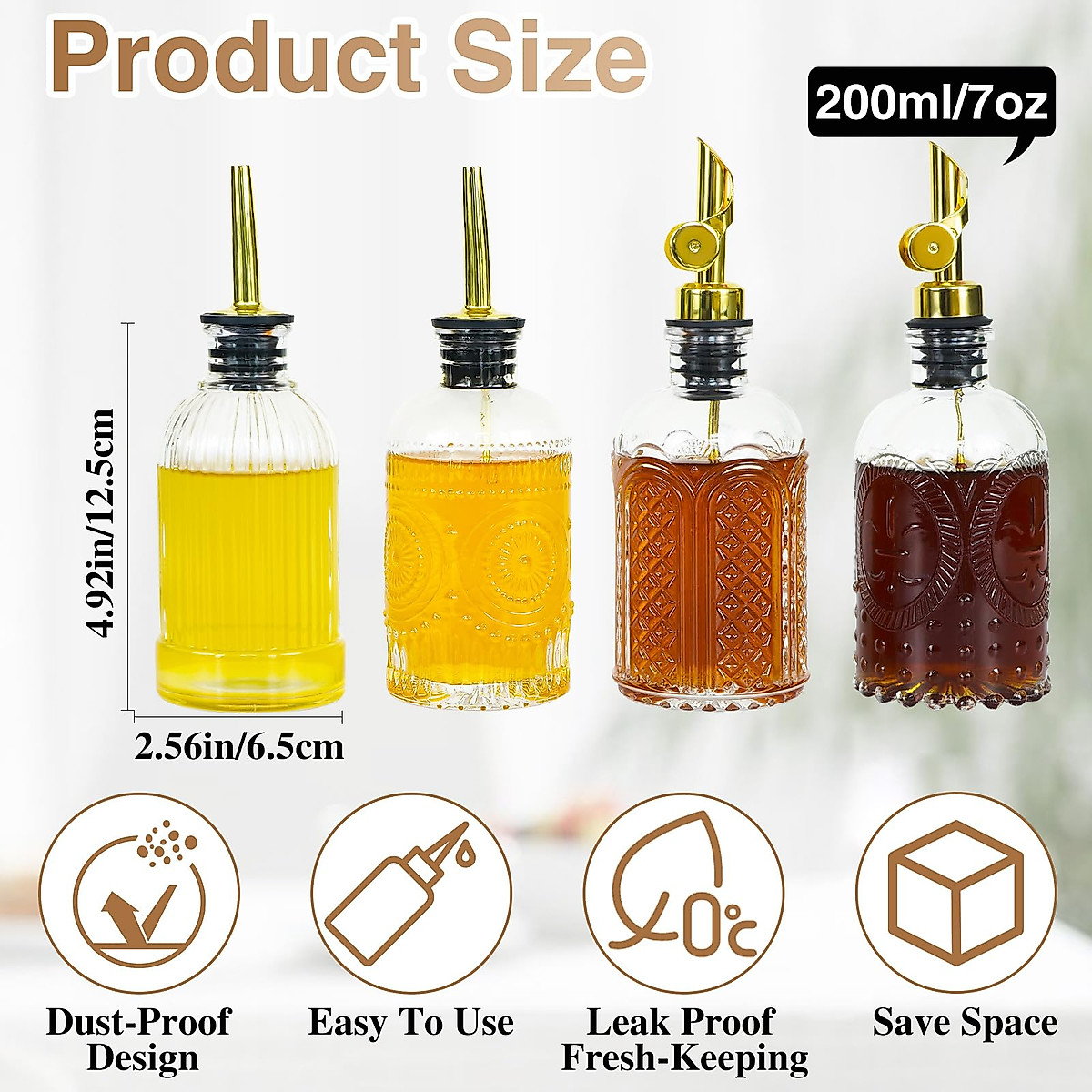 Coffee Syrup Dispenser Bottles Set 4 Pcs, 7oz/200ml Coffee Bar Accessories with Metal Pour Spout, Simple Syrup Bottles for Coffee Syrups, Honey, Condiments, Olive Oil, with Label, Funnel, Cork, Brush