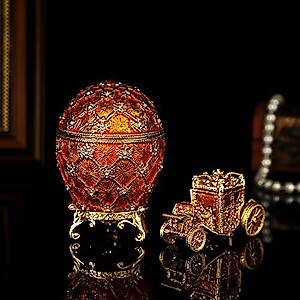 QIFU Vintage Gold Easter Egg Style Jewelry Trinket Box with Mini Royal Carriage, Unique Gift for Easter Collection