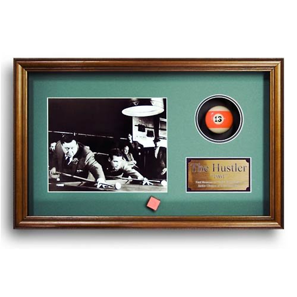 The Hustler Billiard Movie Memorabilia Game Room Decor Framed Photo, Plate, Real Pool Ball, Chalk Custom Made Real Wood Dark Walnut Shadowbox Frame (21 1/4 x 13 1/4")