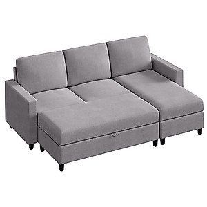 JAMFLY 79'' Sectional Sofa Couch with Storage Ottoman, Living Room Furniture Set Small Deep Convertible Sofa, L-Shaped Couch Wide Reversible Chaise with Linen Fabric (Grey)