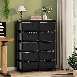 GcdPai Dresser with 10 Fabric Drawer Solid Wood TV Stand Desktop Sturdy Metal Support Tube Cube Storage Cabinet for Closet Bedroom Organization Dorm Front Hall Entryway (10 Drawer)