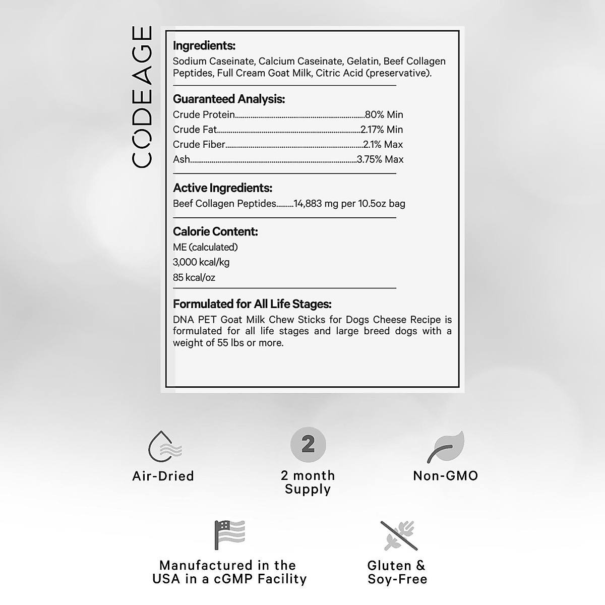 DNA PET Goat Milk Chew Sticks for Dogs Supplement - High Protein, Beef Collagen, Cheese & Probiotics - Large Dogs Over 55 Lbs - Non-GMO, Gluten-Free, Grain-Free, Air-Dried & Handcrafted - 3-Count