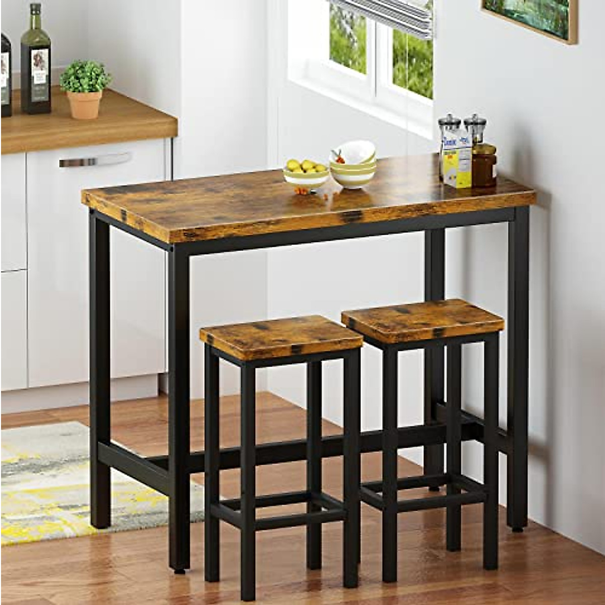 Lamerge 47.2" Bar Table Set,Pub Heigh Table with 2 Square Stools,Dining Table Set,Kitchen Counter with Bar Chairs,for Kitchen, Living Room/Sofaside,Small Space,Rustic Brown and Black