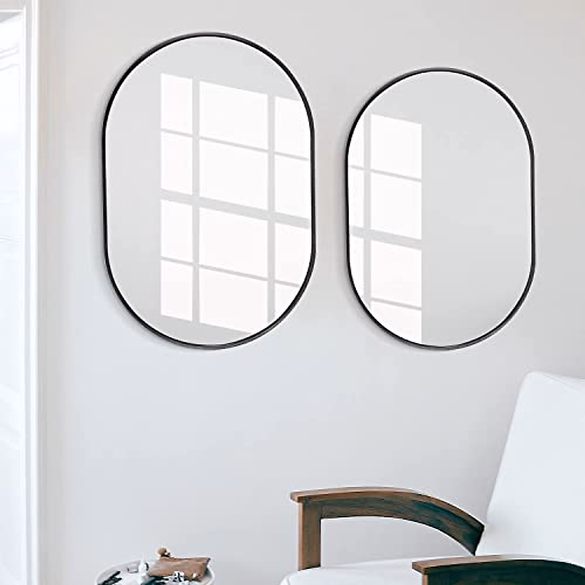 HOWOFURN Wall Mounted Mirror, 20’’x30’’ Oval Bathroom Mirror, Black Vanity Wall Mirror w/ Stainless Steel Metal Frame & Pre-Set Hooks for Vertical & Horizontal Hang, Ideal for Bedroom, Bathroom
